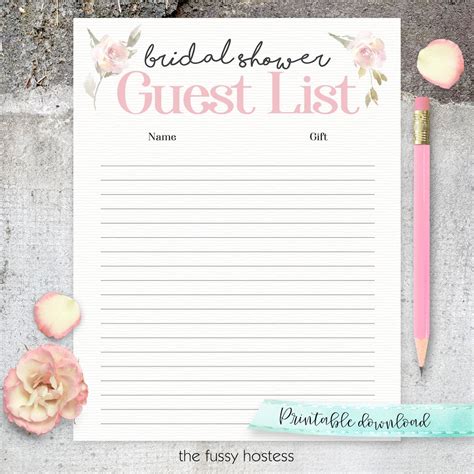 Virtual Printable Bridal Shower Guest List Sign In Sheet Guest