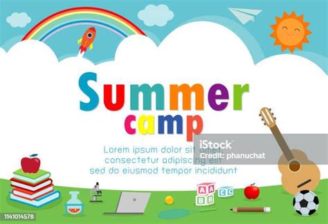 광고 브로셔 캠핑에 활동을 하는 어린이 포스터 전단지 템플릿 텍스트 벡터 일러스트 레이 션에 대 한 아이 여름 캠프 교육 템플릿
