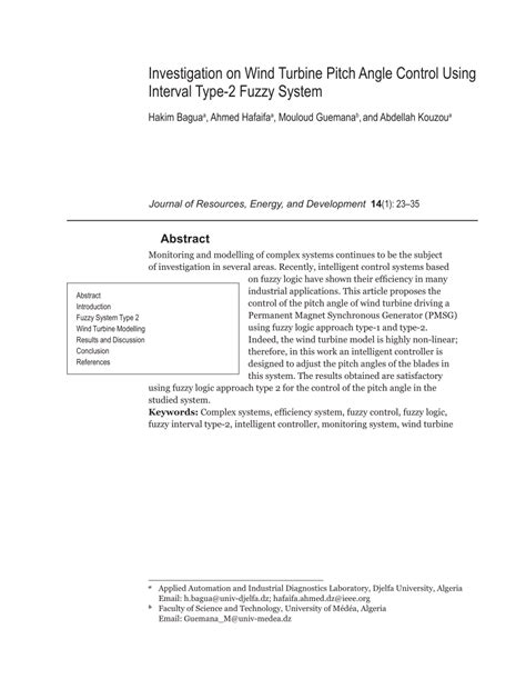 Pdf Investigation On Wind Turbine Pitch Angle Control Using Interval Type 2 Fuzzy System