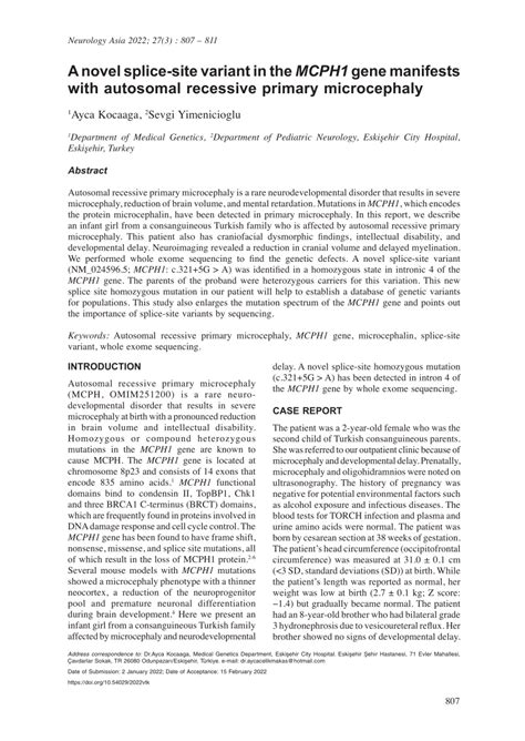 Pdf A Novel Splice Site Variant In The Mcph1 Gene Manifests With Autosomal Recessive Primary
