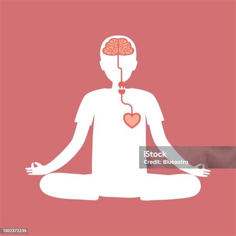 평면 디자인에 두뇌와 심장 전기 플러그 연결 상호 작용을 명상 남자의 실루엣 논리와 감정 아이디어 벡터 일러스트레이션 사이의 연결 심장에 대한 스톡 벡터 아트 및 기타