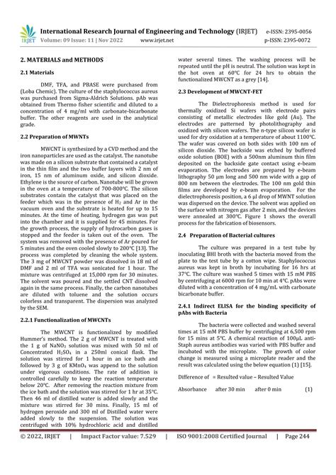 Detection Of Staphylococcus Aureus With Multi Walled Carbon Nanotube Field Effect Transistor