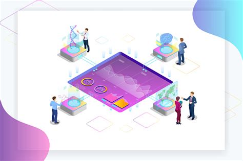 아이소메트릭 큰 데이터 네트워크 시각화 고급 분석 상호 작용 데이터 분석 연구 감사 인구 통계 인공 지능 기획 통계 디지털 Dna 구조 관리 기술자에 대한 스톡 벡터 아트