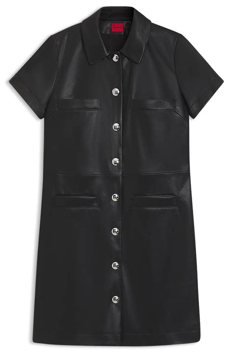 Hugo Shirt Dress In Faux Leather With Press Stud Buttons Black