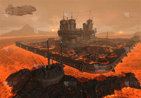 行星三维图形绘画插图未来外星人平衡折角灯船太空船平视角橙色