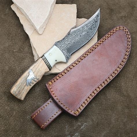 Wood And Antler Handle Fixed Blade W Silver Wolf Inlay