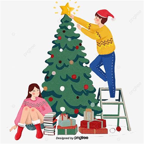 한 쌍의 작은 커플이 크리스마스 일러스트 트리를 꾸미고 있다 책 크리스마스 선물 크리스마스 Png 일러스트 및 Psd 이미지 무료 다운로드 Pngtree
