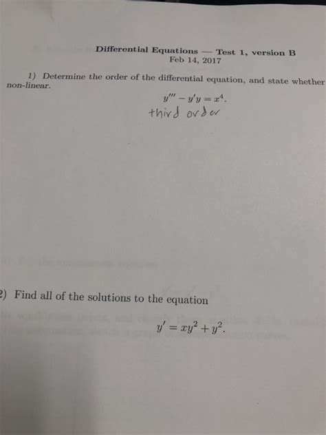 Solved Differential Equations Test 1 Version B Feb 14