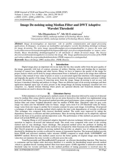 Image De Noising Using Median Filter And Dwt Adaptive Wavelet Threshold