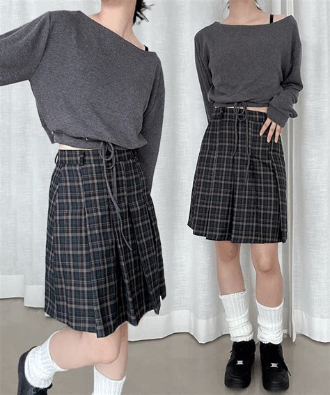 미디 스커트 히피 몬드 체크 플리츠 스커트 에이블리
