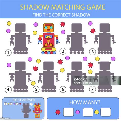 정확한 그림자 로봇을 찾아 그림자 매칭 어린이 게임 재미 있는 수수께끼 엔터테인먼트입니다 관심 게임 작업입니다 아이 수학 운동 벡터 일러스트입니다 0명에 대한 스톡 벡터