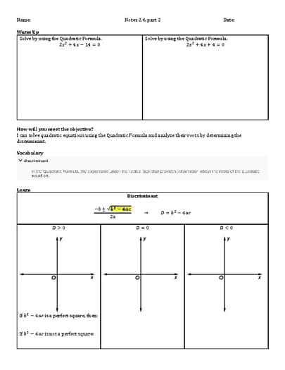 Guided Notes Lesson 2 6 Part 2 Using The Quadratic Formula And Discriminant