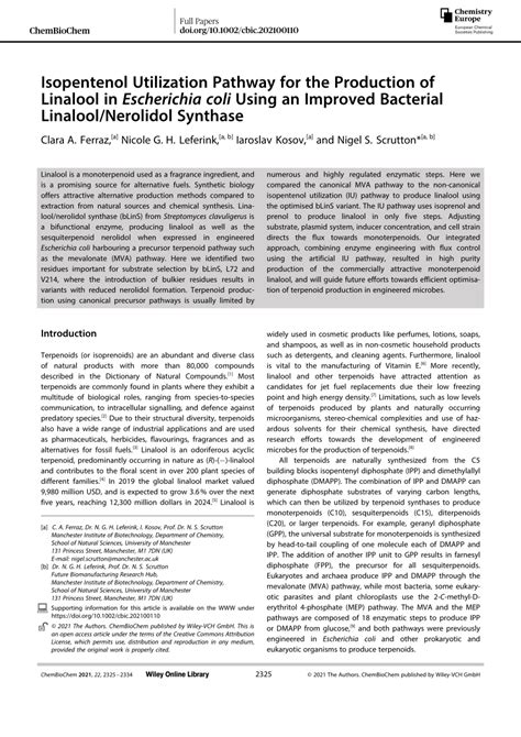 Pdf Isopentenol Utilization Pathway For The Production Of Linalool In