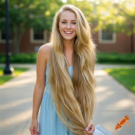 Photorealistic Portrait Of A Smiling Young Woman With Very Long Blonde