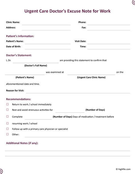 Printable Urgent Care Doctors Note Template Highfile