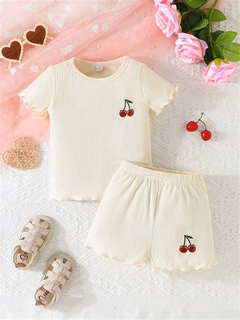 2 Pezzi Set Top A Maniche Corte Con Orlo In Pizzo Ricamato Con Ciliegie