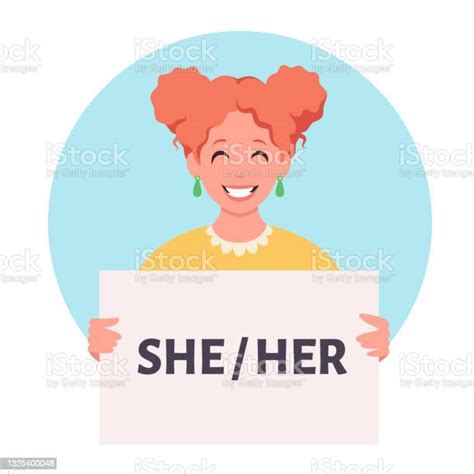성별 대명사와 표지판을 들고 있는 여자 그녀 그 그들은 비 바이너리 성 중립적 운동 벡터 일러스트레이션 아바타에 대한 스톡 벡터 아트 및 기타 이미지 Istock