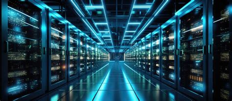 Data Center Building With Long Hallway Of Azure Servers In Parallel Symmetry Stock Image Image