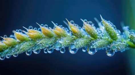 High Resolution Macro Photograph Of Dew Covered Blade Of Grass With Intricate Serrated Edges