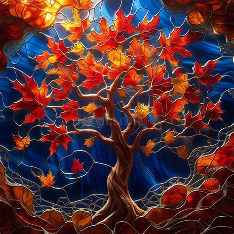 Stained Glass Style Maple Tree With Red Leaves On A Blue Background
