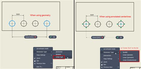 在 Inventor 工程图中，使用带注释的中心线时，“线性和”尺寸类型不在关联菜单中
