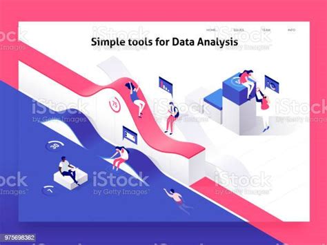 차트 및 분석 통계 및 데이터와 상호 작용 하는 사람들 방문 페이지 템플릿입니다 3 차원 Isometric 벡터 일러스트입니다 데이터에 대한 스톡 벡터 아트 및 기타 이미지