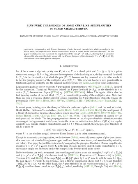 Plus Pure Thresholds Of Some Cusp Like Singularities In Mixed Characteristic Pdf Ring