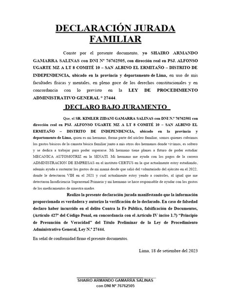 Doc Declaracion Jurada Reniec Dokumen Tipsdeclaracion Jurada Para