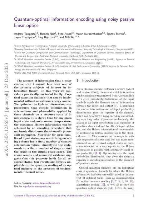 Pdf Quantum Optimal Information Encoding Using Noisy Passive Linear Optics