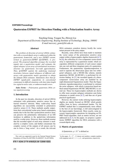 Pdf Quaternion Esprit For Direction Finding With A Polarization