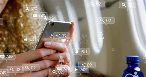 Image Of Digital Icons Over Woman Using Smartphone Stock Illustration