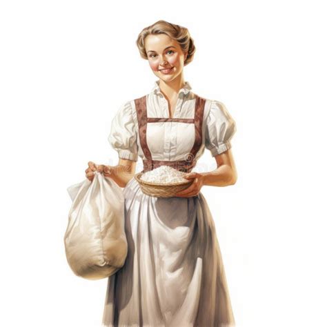 Realistic Illustration Of Nancy In Traditional Clothing With Flour Sack And Bread Stock