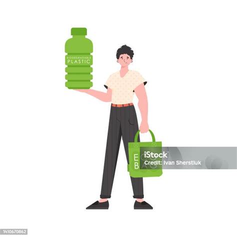 한 남자가 생분해 성 플라스틱으로 만든 병을 손에 들고 있습니다 생태학과 환경 보호의 개념 격리 벡터의 패션 트렌드 일러스트레이션 가방에 대한 스톡 벡터 아트 및 기타
