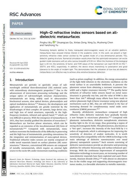 Pdf High Q Refractive Index Sensors Based On All Dielectric Metasurfaces
