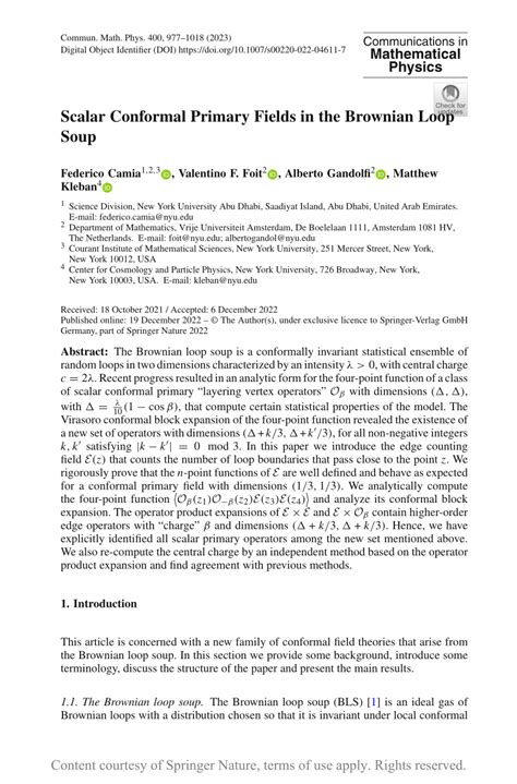 Scalar Conformal Primary Fields In The Brownian Loop Soup Request Pdf