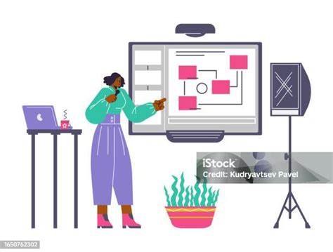 발표자가 온라인 프레젠테이션 중에 차트 보드를 가리키고 벡터가 분리되어 있습니다 교육에 대한 스톡 벡터 아트 및 기타 이미지 교육 가리키기 개인 지도 교사 Istock