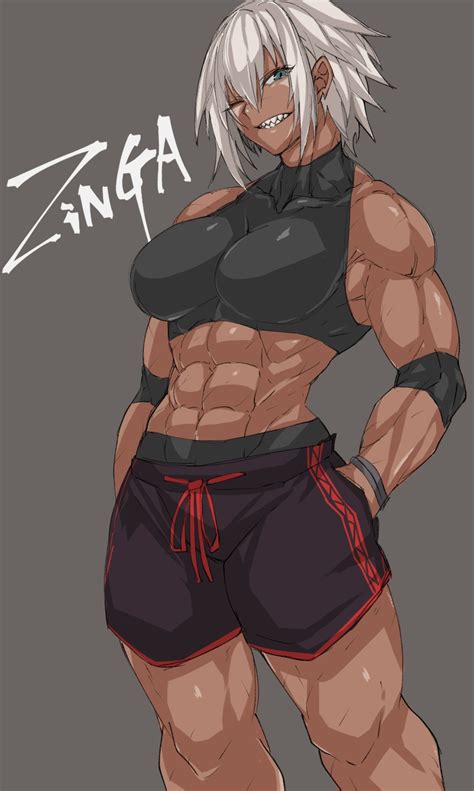 Zokusuke Zinga Zokusuke Original Absurdres Highres 1girl Abs Breasts Dark Skin Elbow
