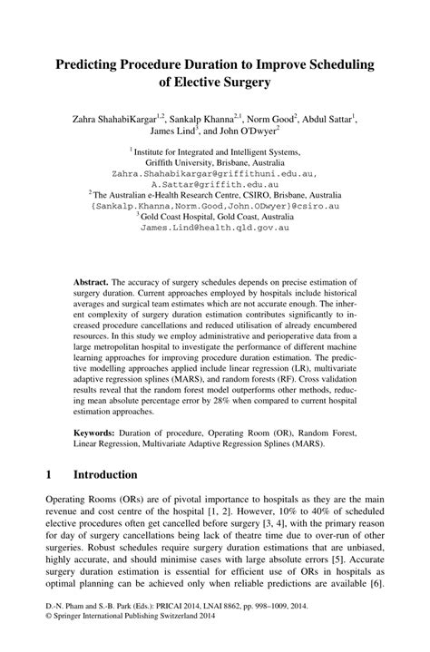 Pdf Predicting Procedure Duration To Improve Scheduling Of Elective