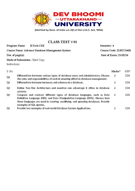 Class Test 1 Class Test 01 Program Name B Cse Course Name Advance