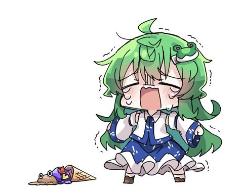 Mizuni Takenoko Kochiya Sanae Pyonta Touhou 1girl Ahoge Bare Shoulders Blue Skirt Brown