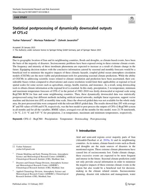 Pdf Statistical Postprocessing Of Dynamically Downscaled Outputs Of Cfsv2