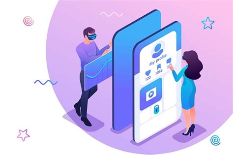 가상 안경의 아이소메트릭 개념 젊은이들은 대체 현실 및 소셜 네트워크를 위한 모바일 애플리케이션을 테스트하고 있습니다 웹 디자인에 대한 개념 개발에 대한 스톡 벡터 아트 및