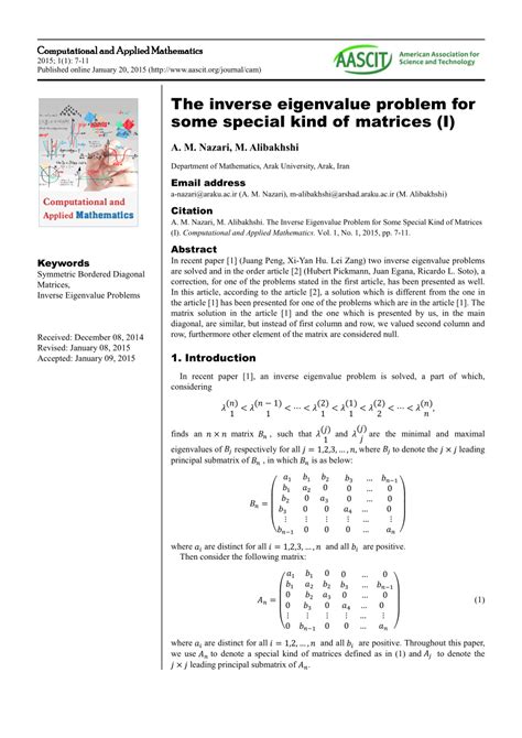 Pdf The Inverse Eigenvalue Problem For Some Special Kind Of Matrices I