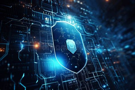 Digital Cyber Security Concept Shield On Circuit Board Background With Blue Lights Abstract