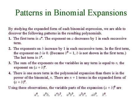 The Binomial Theorem Patterns In Binomial Expansions By