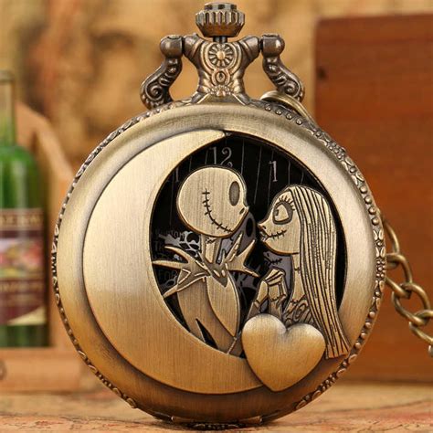 Vintage Bronze Stempunk Metal Pendant Jack And Sally Necklace Clock