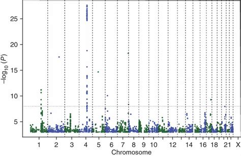 manhattan plot of meta analysis results for genome wide association to