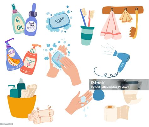 욕실 액세서리 수건 샴푸 크림 오일 칫솔 비누 헤어 드라이어 및 화장지 개인 위생 및 일상적인 바디 케어 욕실 요소 만화 플랫 벡터 일러스트레이션 가구에 대한 스톡 벡터