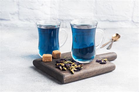 유리 컵 회색 콘크리트 배경에 싹 클리토리아 Ternate의 태국 블루 티 안찬 공간을 복사합니다 0명에 대한 스톡 사진 및 기타 이미지 Istock