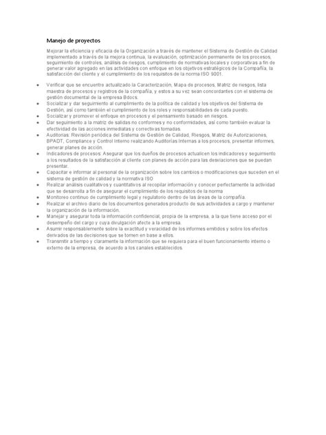 Manejo De Proyectos Pdf Sistema De Manejo De Calidad Calidad